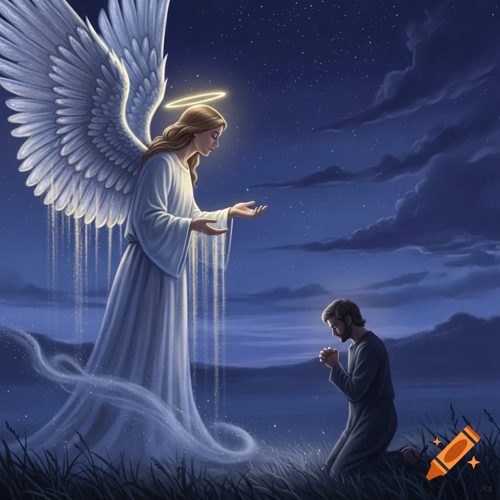 A majestic angel with large wings and a halo stands over a man kneeling ...