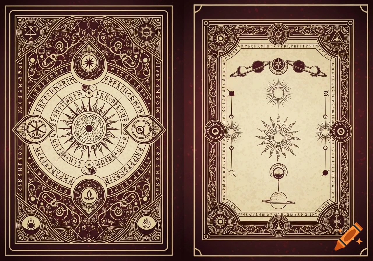Two ornate, red and gold alchemic playing cards with medieval frames ...