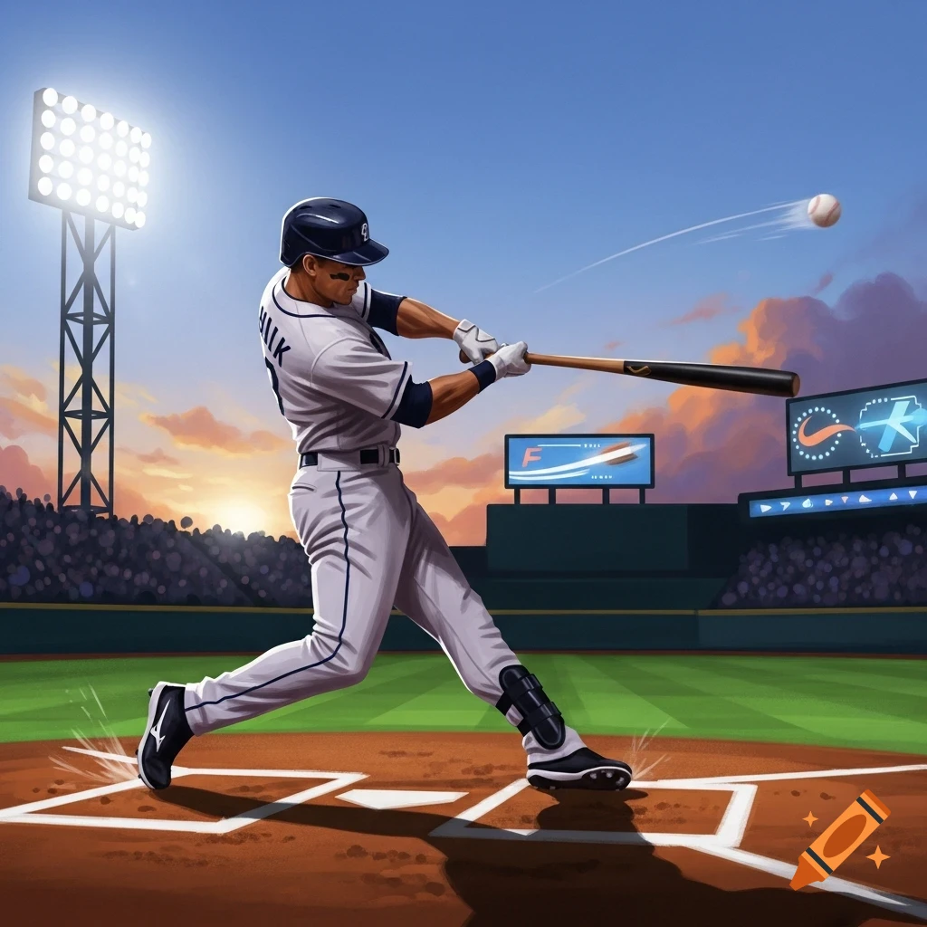 A male baseball player in uniform swings a bat, hitting a ball in a ...