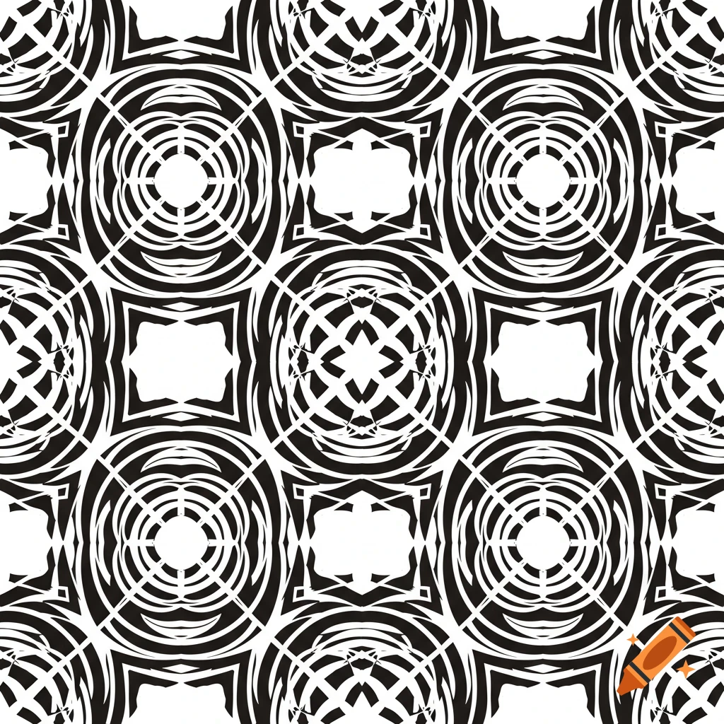 A repeating black and white geometric pattern with concentric circles ...