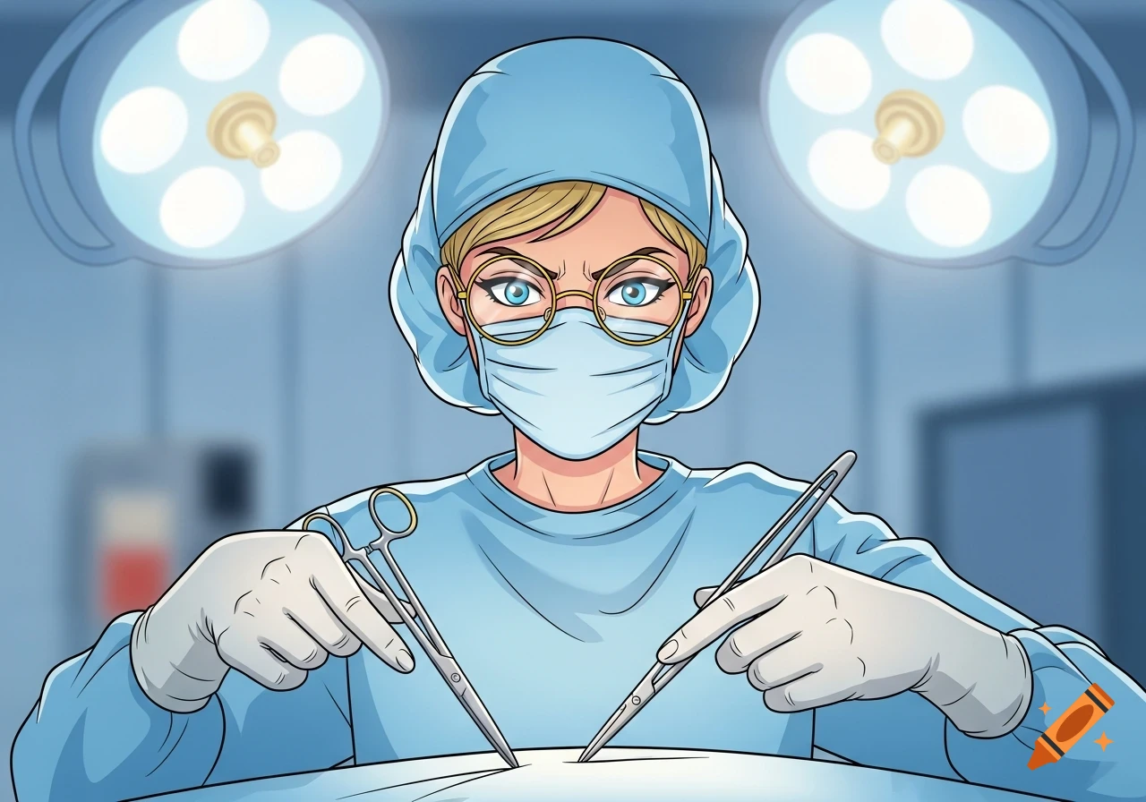 A cartoon female surgeon with blonde hair, blue eyes, glasses, mask ...
