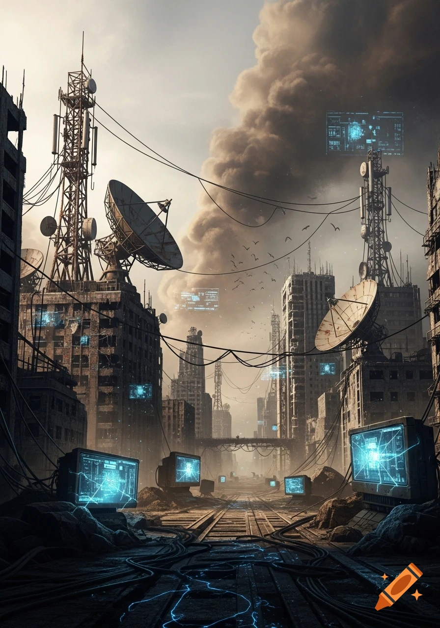A dystopian post-apocalyptic city with destroyed buildings ...