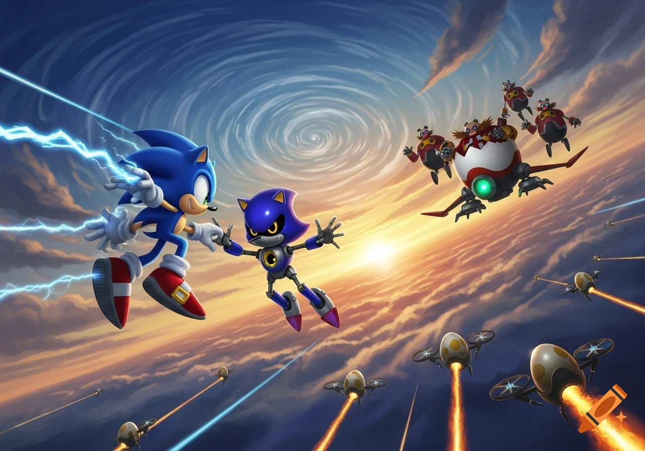 Sonic and Metal Sonic fight in the sky at sunset, while Dr. Eggman and ...