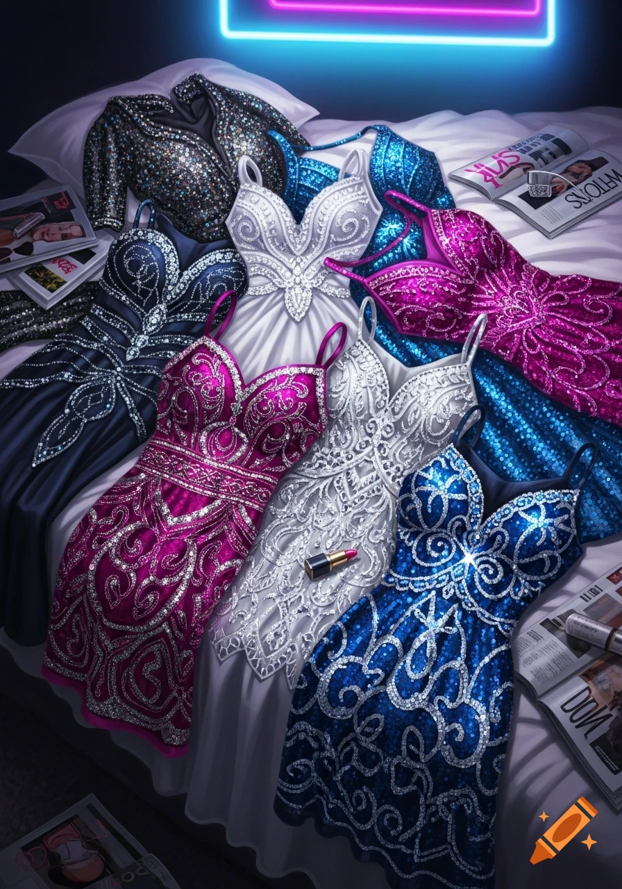 A pile of glittery clubbing dresses in various colors laid on a bed ...