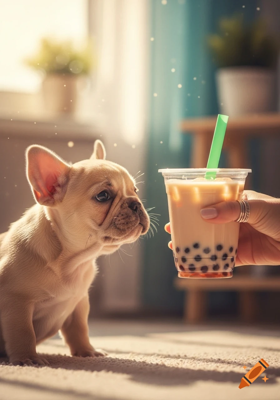 A light brown French Bulldog puppy looks up at a human hand holding a ...