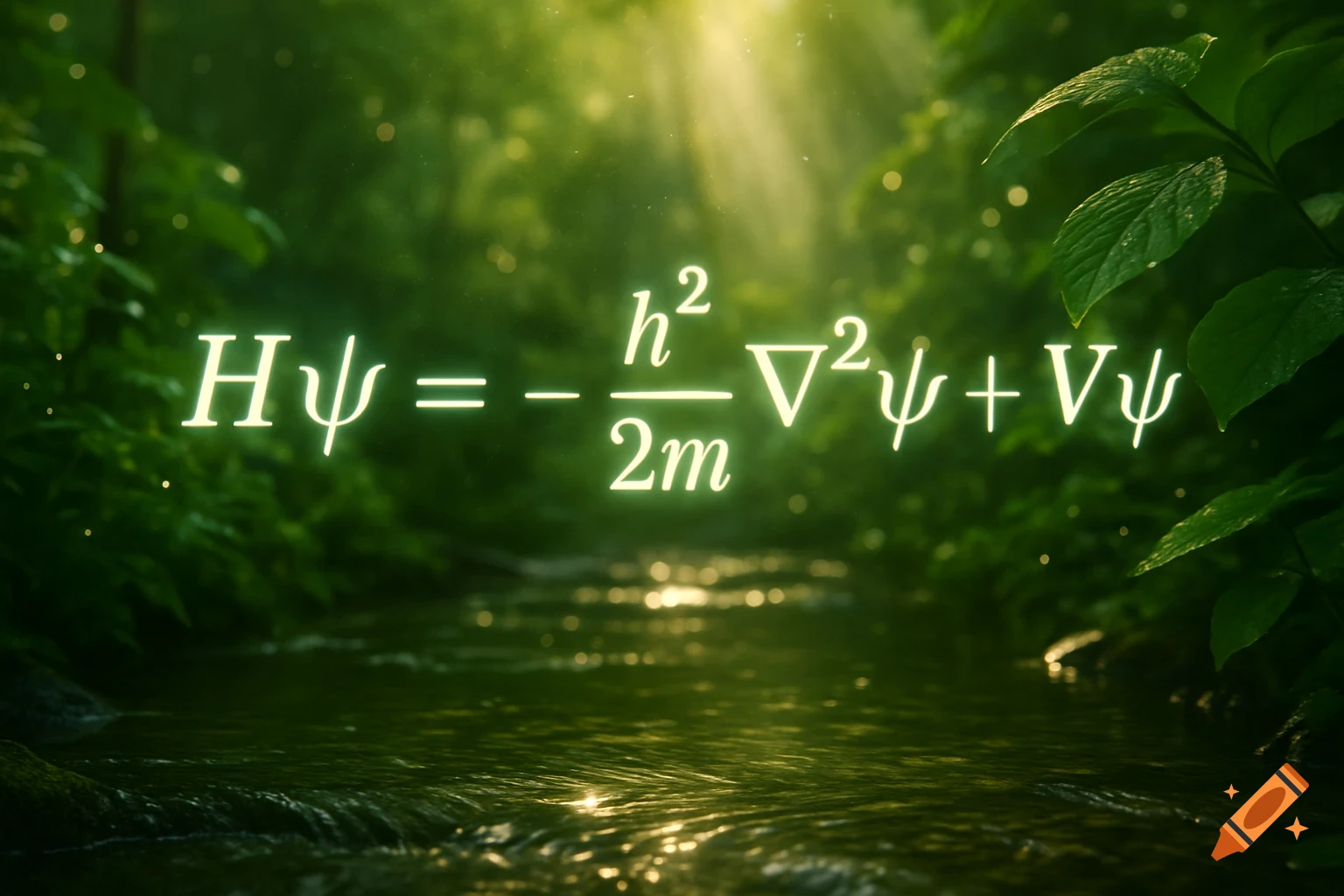 The Schr dinger equation glowing brightly over a lush green forest ...