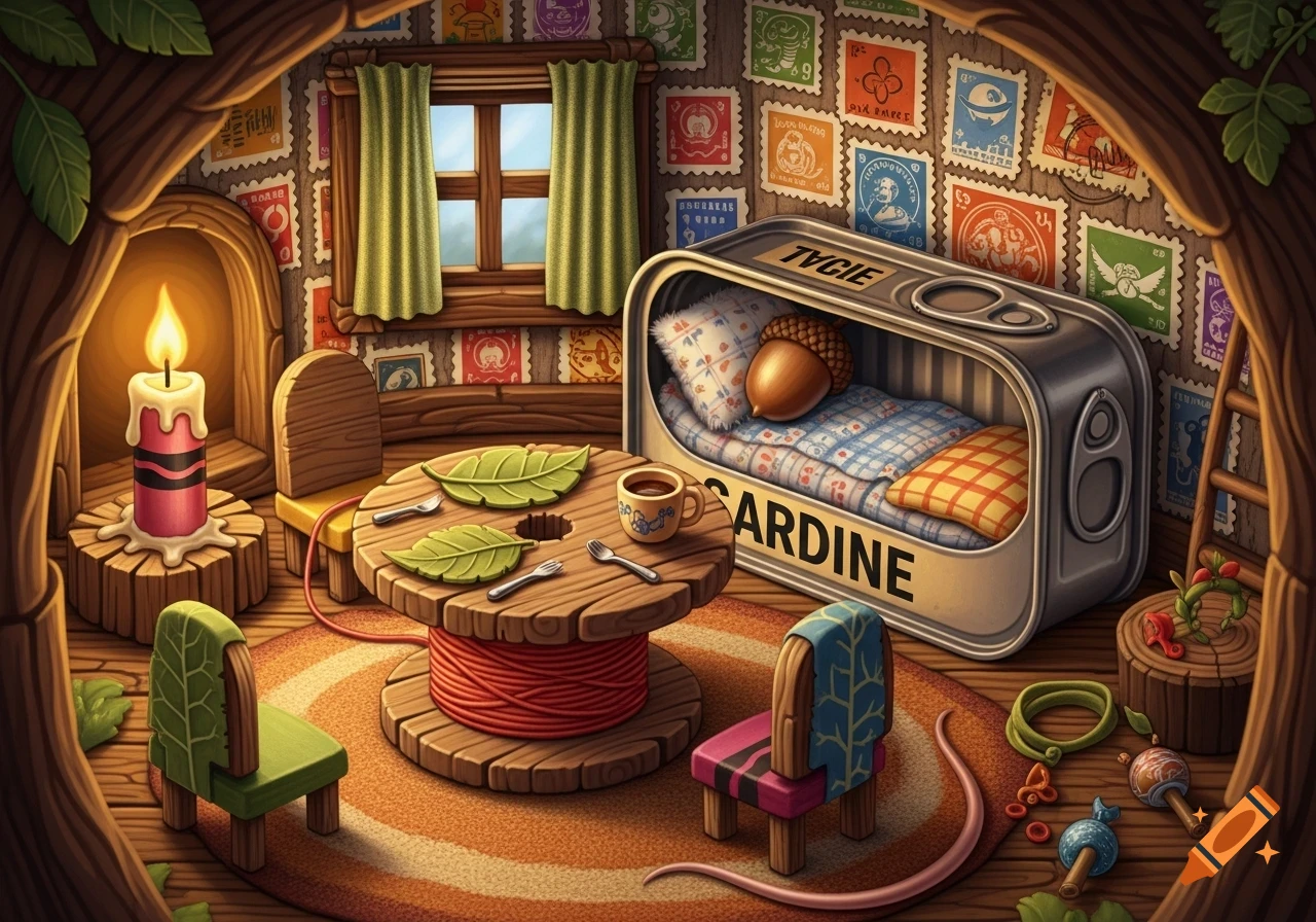 Whimsical mouse hole house interior with a spool table, a lit candle ...