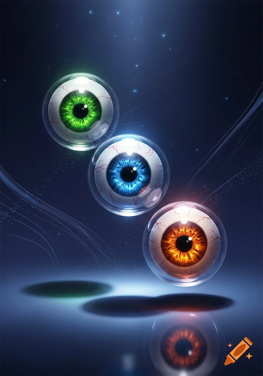 Three glowing eyeballs with green, blue, and orange irises float in ...