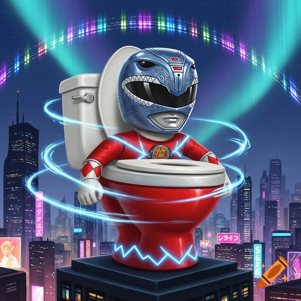A Skibidi Toilet character in a Power Ranger suit, with a blue helmet ...