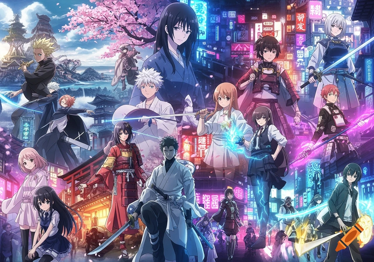 A vibrant anime illustration featuring a large cast of characters ...