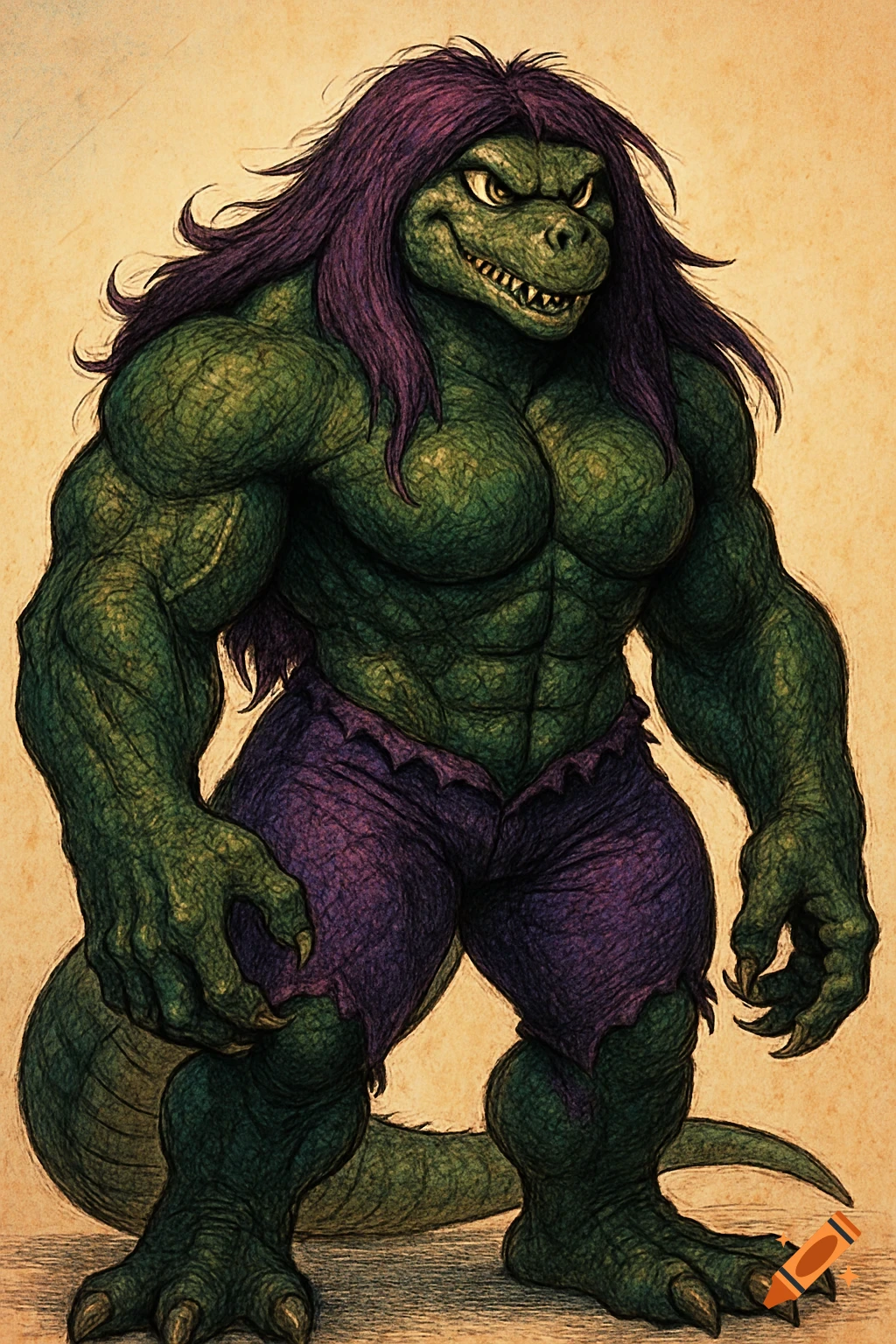 A muscular, green, reptilian monster with long purple hair and ripped ...