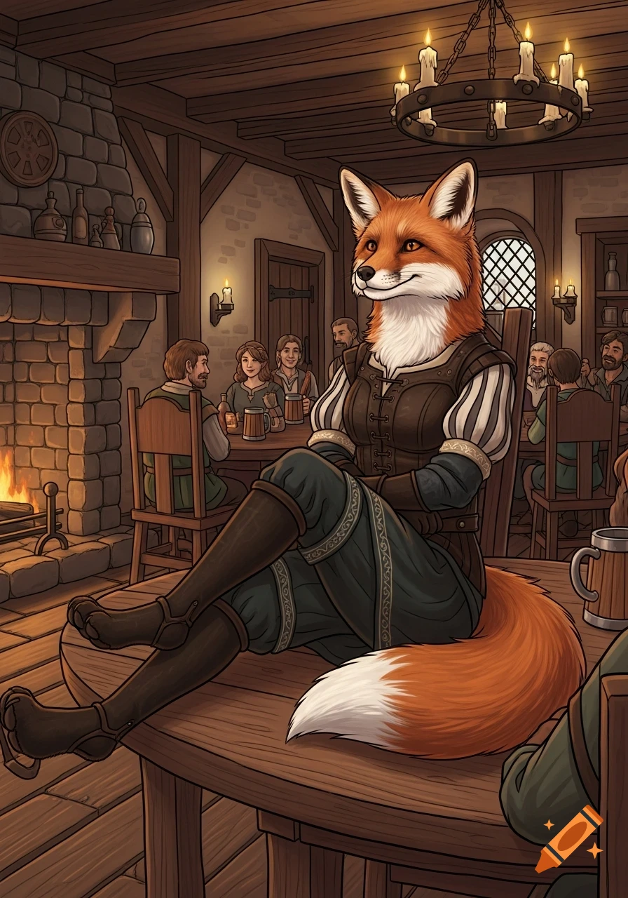 Smiling anthropomorphic red fox in medieval clothes with feet on a ...