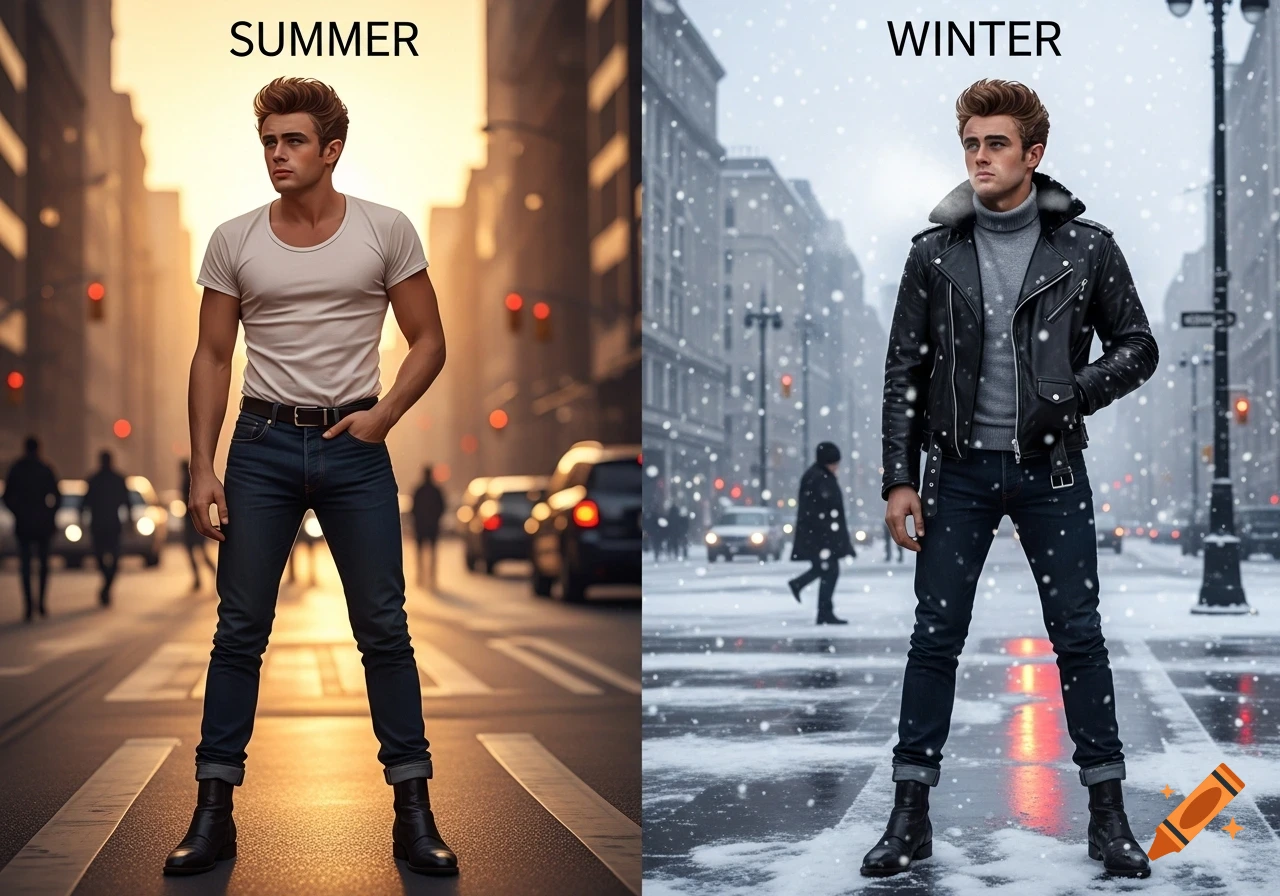 A man in modern James Dean-inspired outfits, split into a summer scene ...