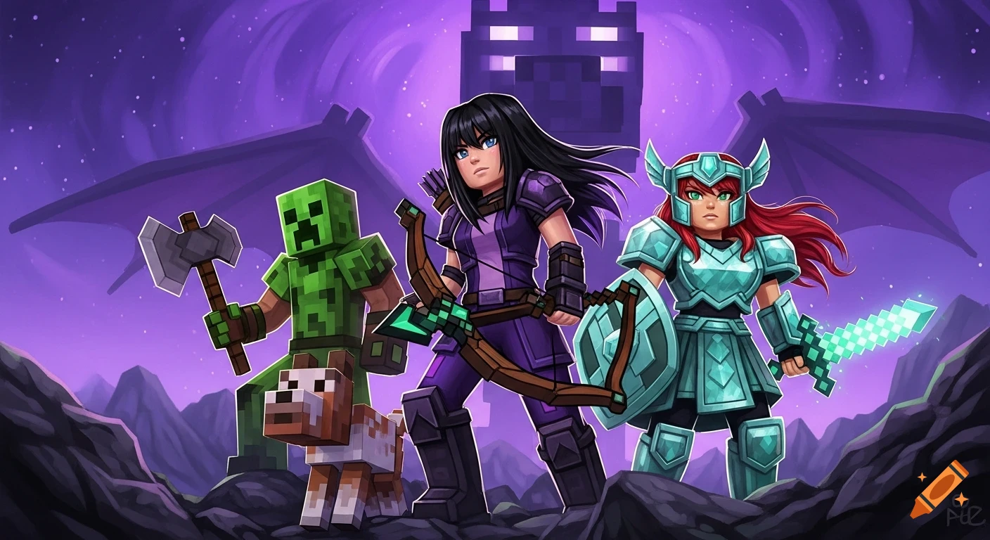 Stylized illustration of three Minecraft adventurers and a dog facing ...