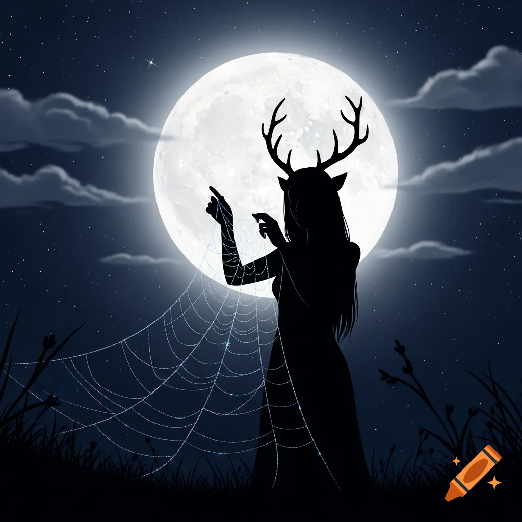 Silhouette of a woman with antlers weaving a spiderweb under a large ...