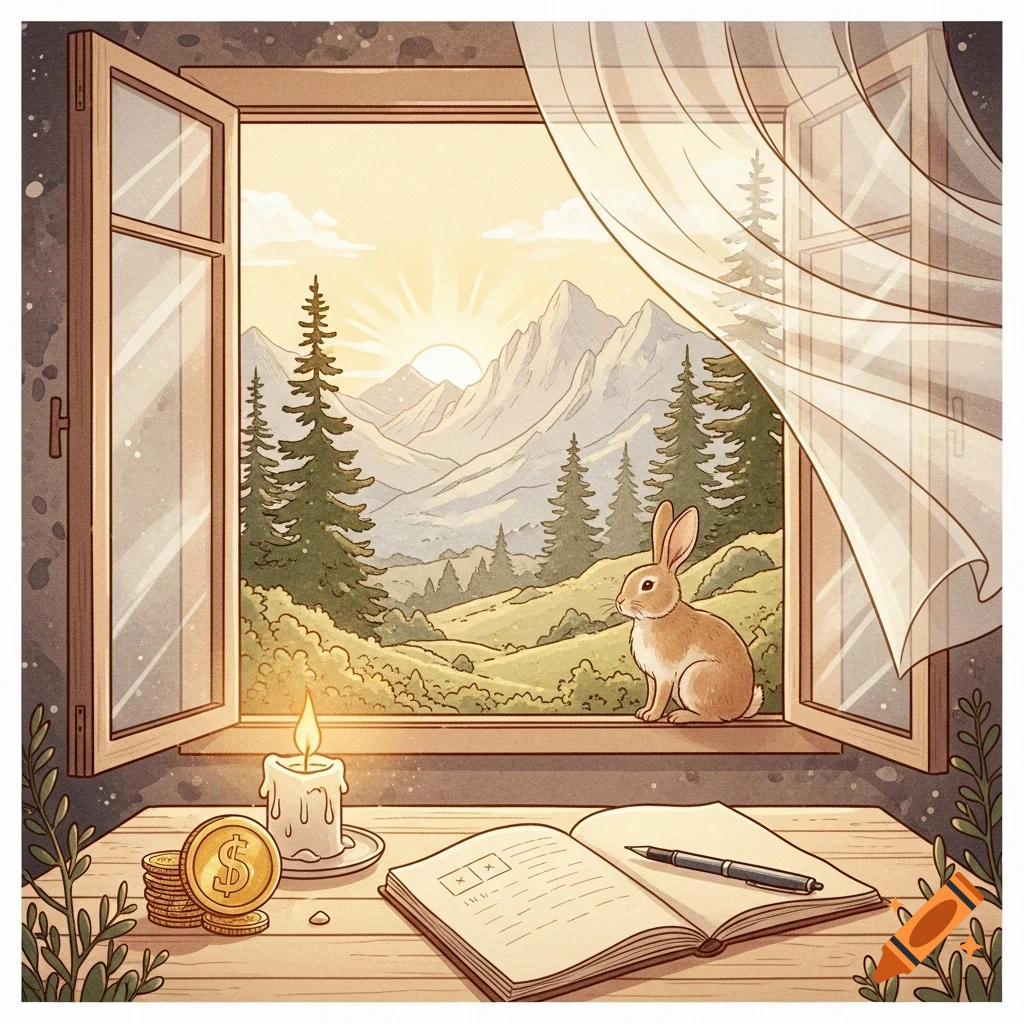 A serene watercolor scene of an open window overlooking mountains at ...