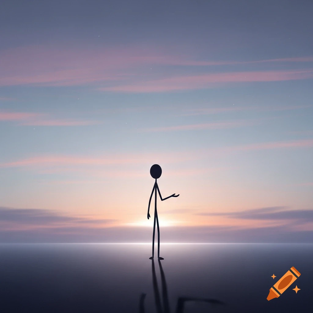 A black stick figure stands on a reflective surface under a pastel pink ...