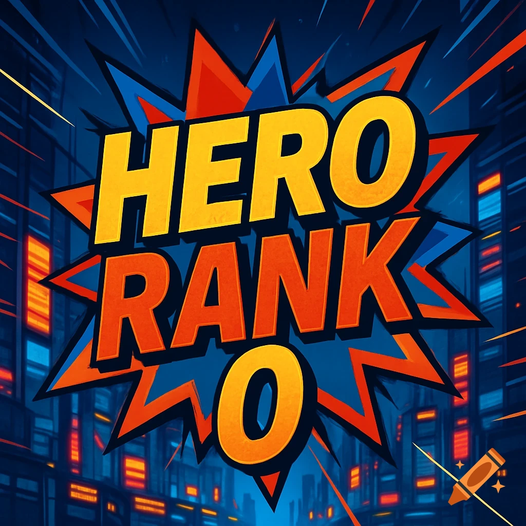 Comic book style graphic with bold yellow and orange text "HERO RANK 0 ...
