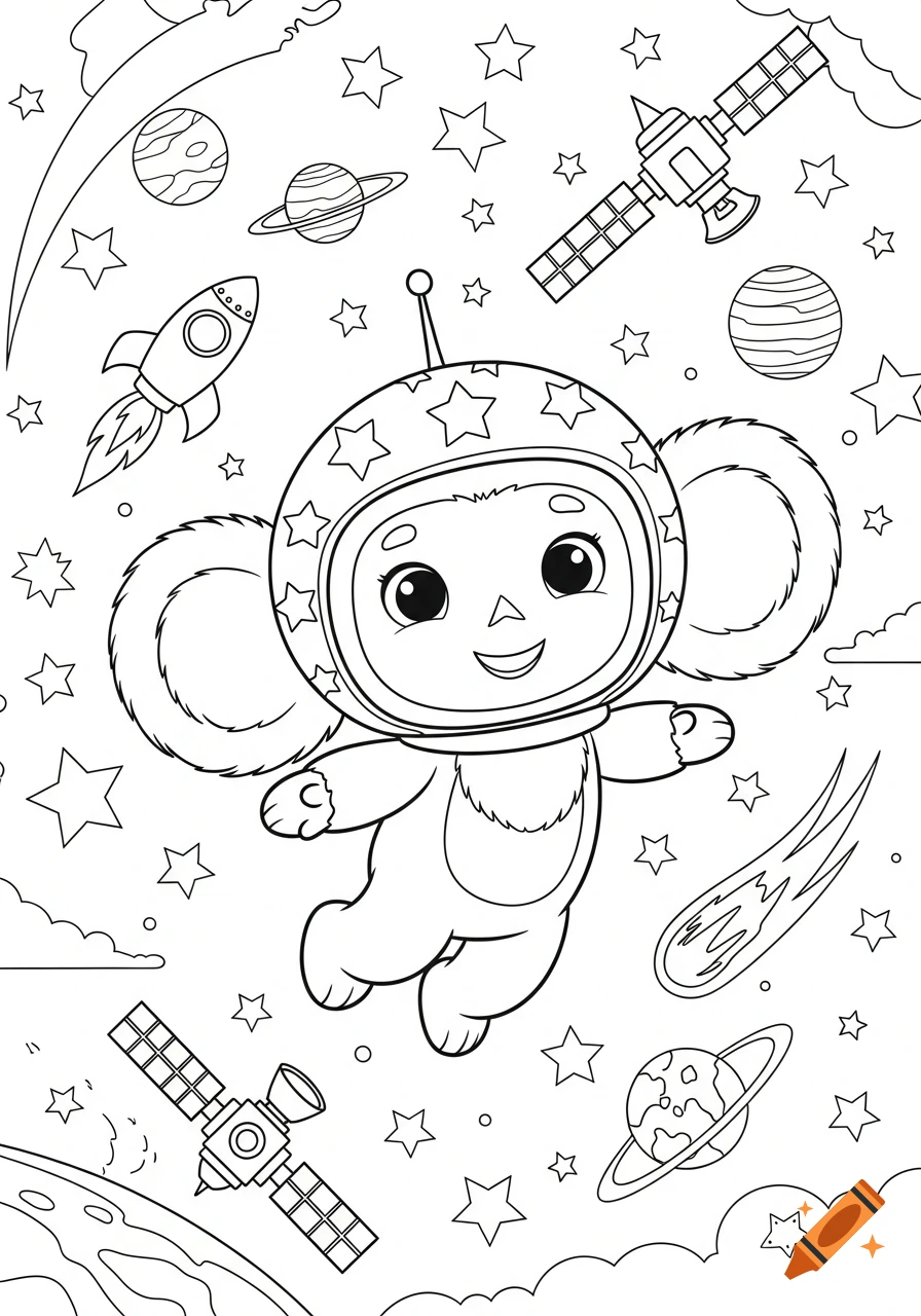 A black and white coloring page featuring a cute cartoon character in a ...