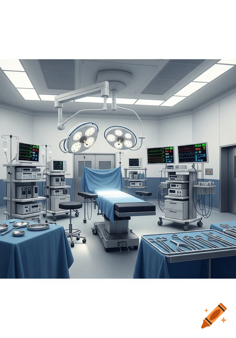 A clean, modern operating room with a surgical table, overhead lights ...