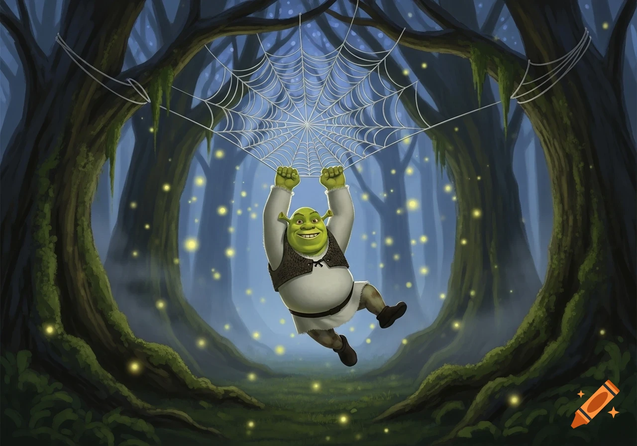 Shrek the ogre swings happily from a spider web in a magical, glowing ...