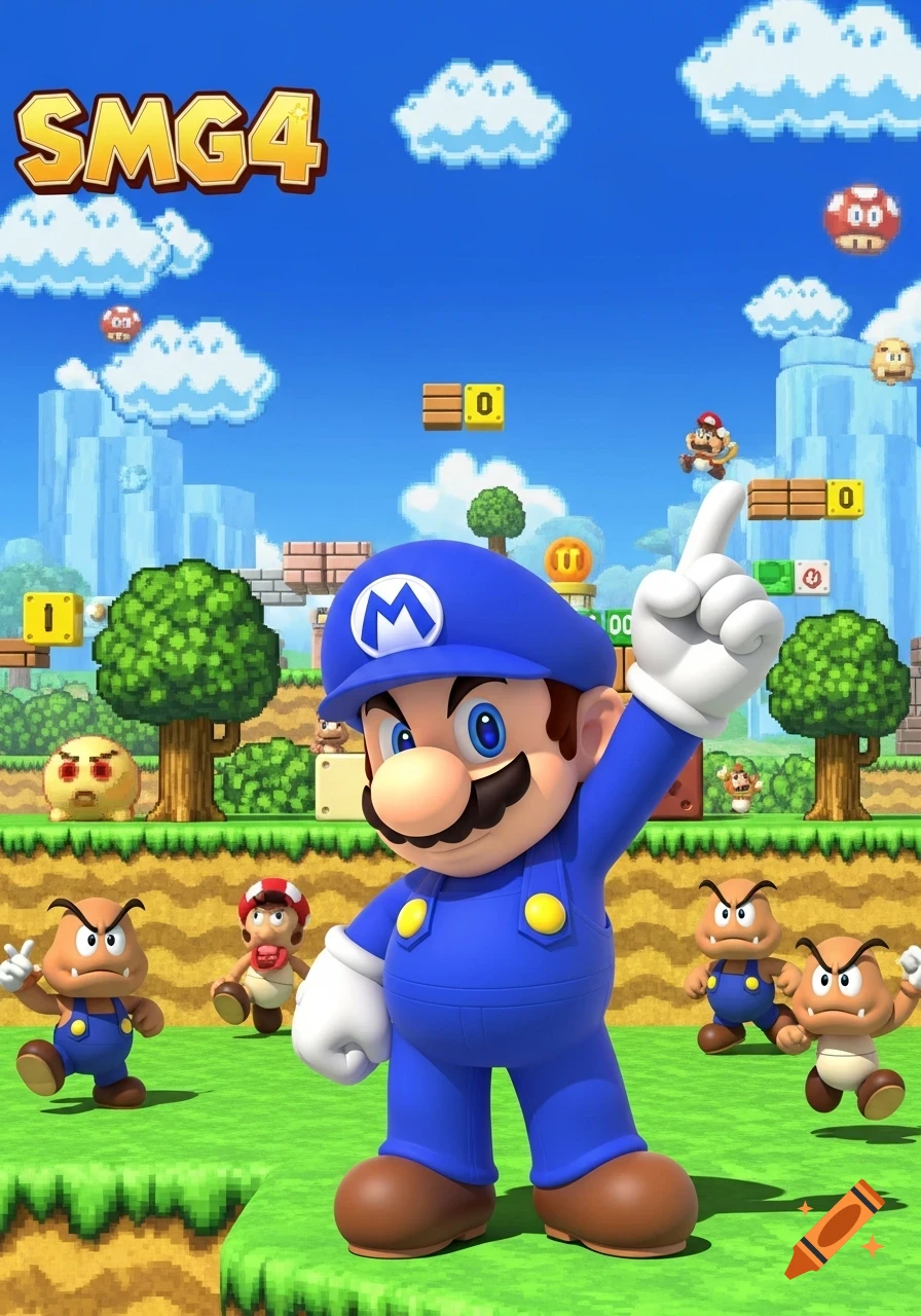 A blue-clad Mario-like character, SMG4, stands in a vibrant Super Mario ...