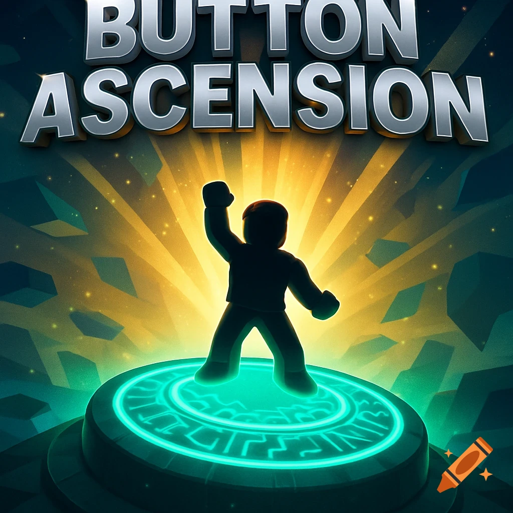 A stylized silhouette of a blocky character stands on a glowing button ...