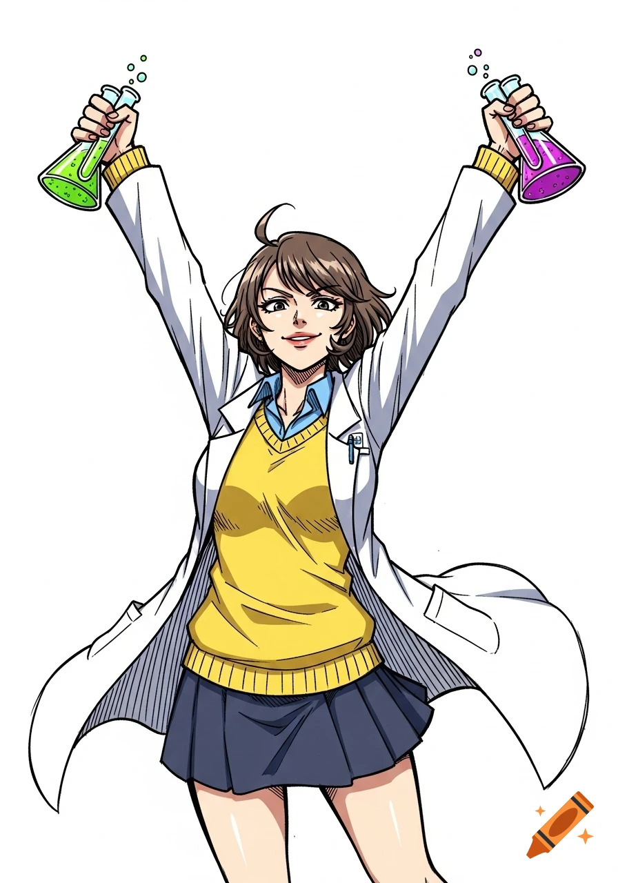 An anime-style female scientist with a confident smirk, wearing a lab ...