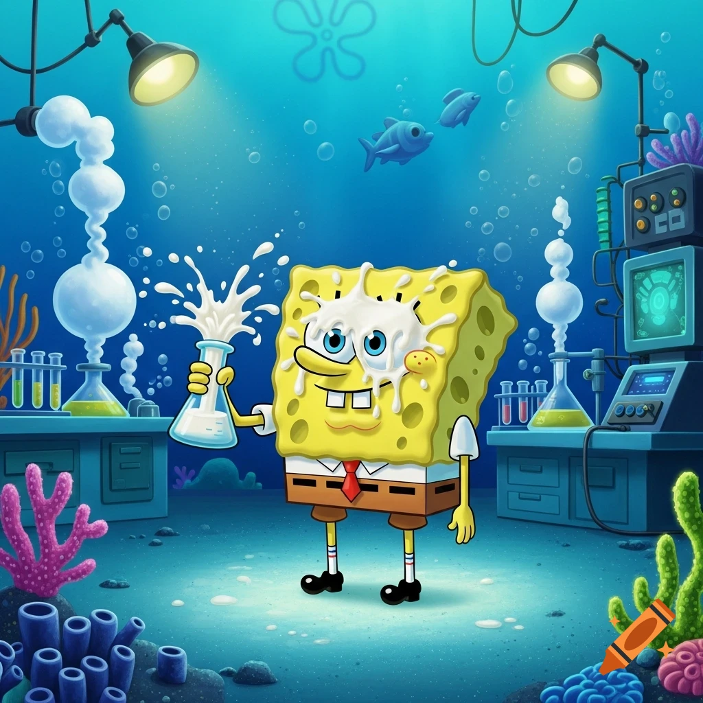 Cartoon Spongebob in an underwater lab, smiling slyly with white milk ...