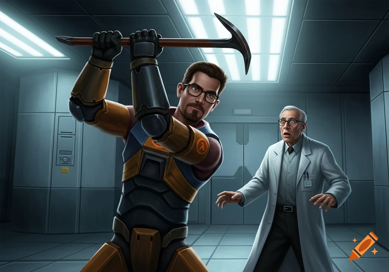 A stylized illustration of Gordon Freeman in his HEV suit, raising a ...