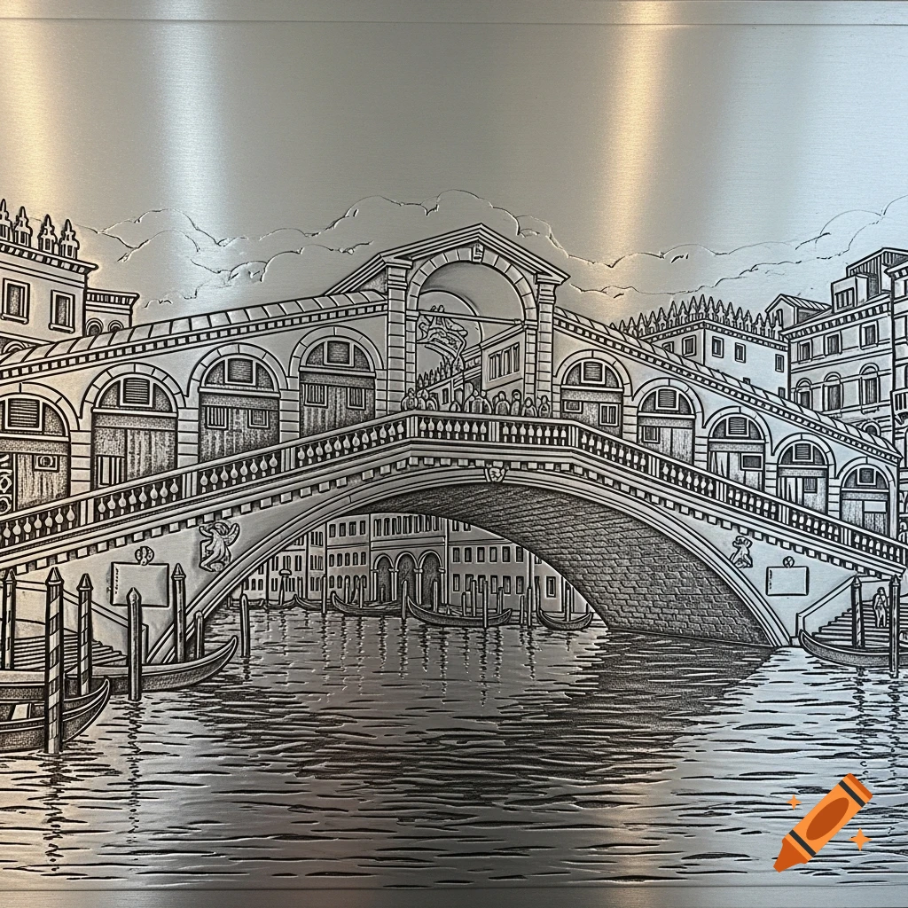 Engraved aluminum repouss é art depicting the Rialto Bridge over a ...