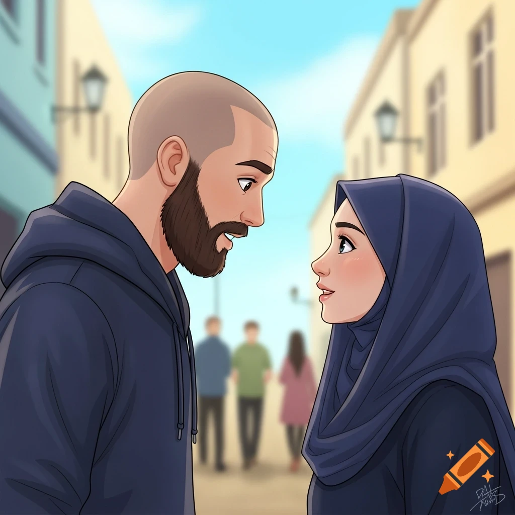 Cartoon illustration of a bearded man with a shaved head and a woman in ...