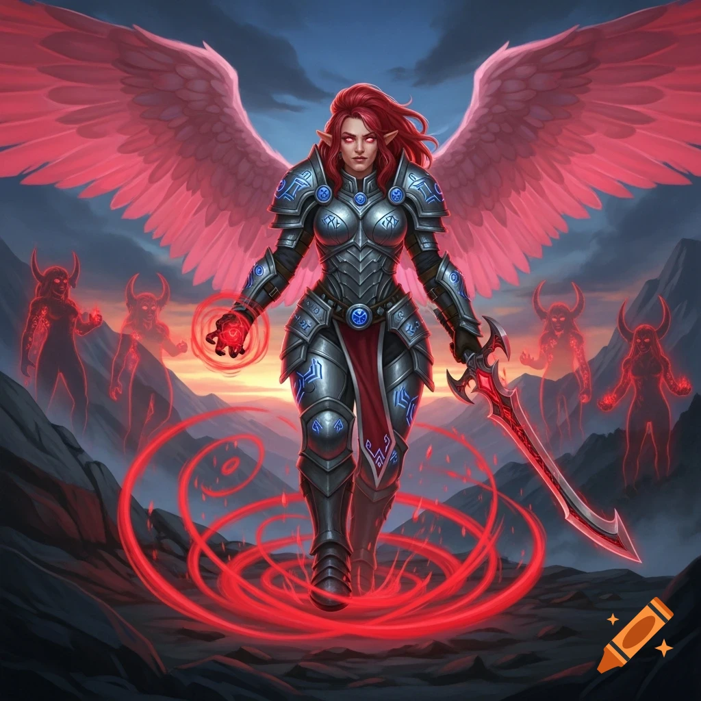 A red-haired female warrior with large red wings and silver armor ...