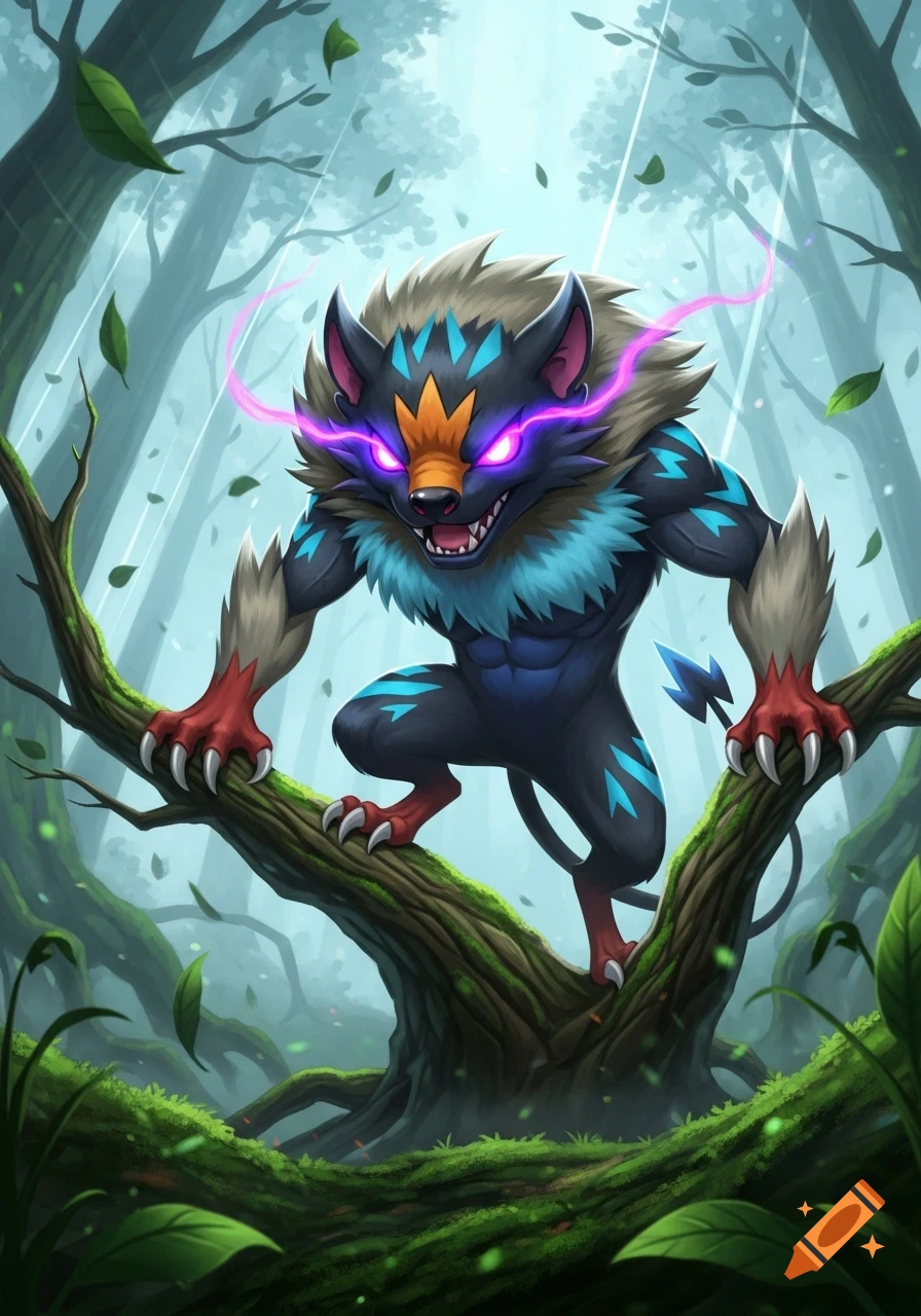 A fierce, dark-furred fantasy creature with glowing purple eyes and ...