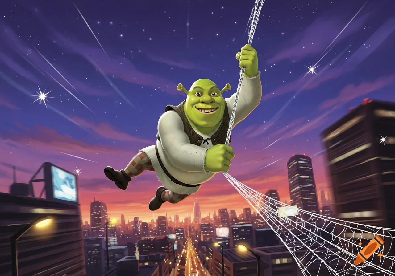 Shrek swings on a spider web above a bustling city at dusk, smiling. on ...