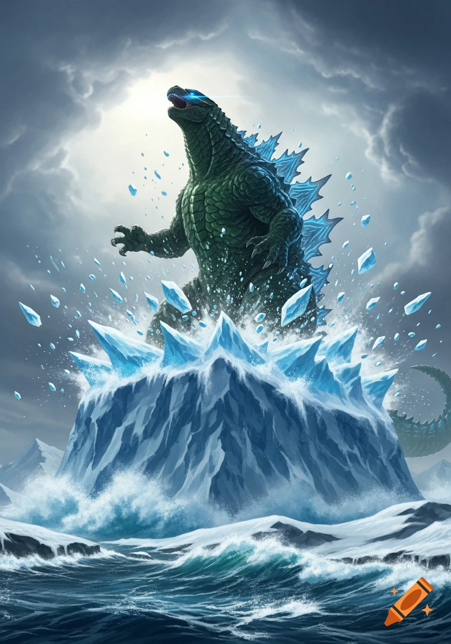 Godzilla roars, breaking out of a large iceberg in a stormy, icy ocean ...