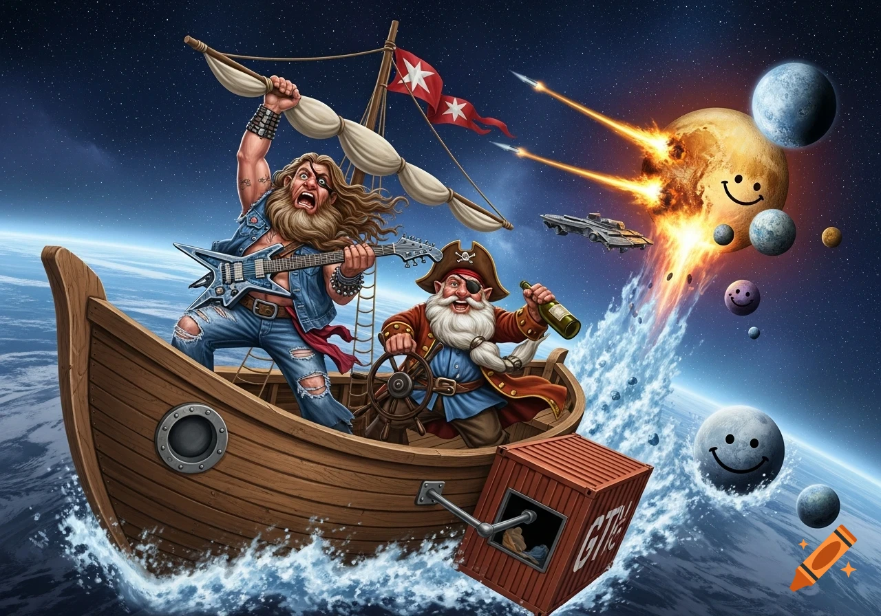 A rock star dwarf and a pirate dwarf on a wooden boat fly through space ...