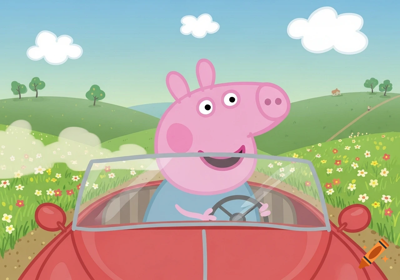 Peppa Pig drives a red convertible car through a sunny green landscape ...