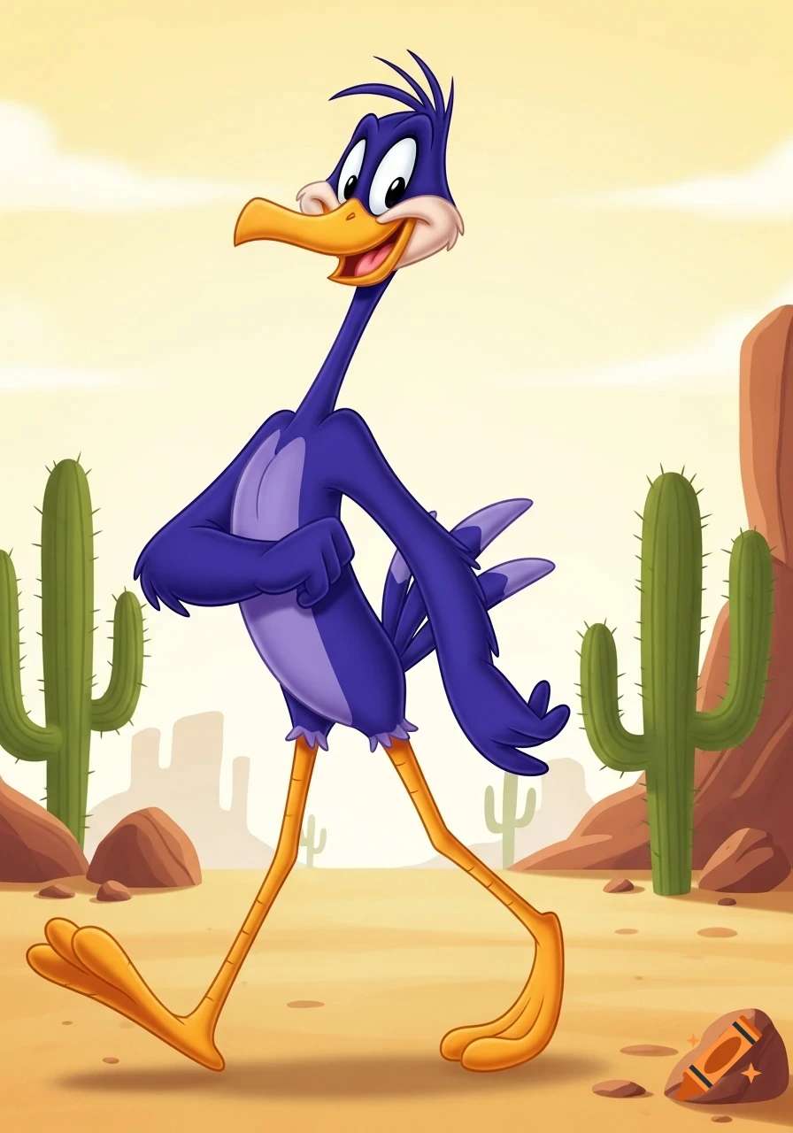 A confident, smiling purple cartoon bird with a long yellow beak and ...