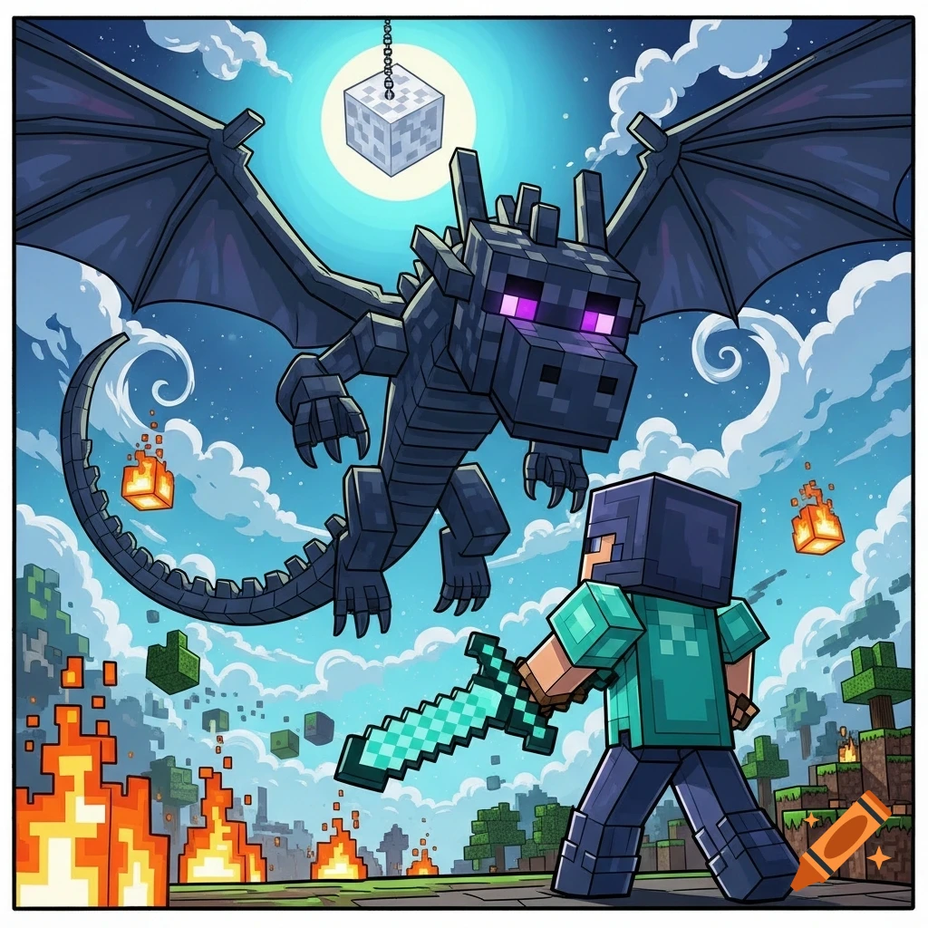 Minecraft comic art of a player with a diamond sword battling an Ender ...