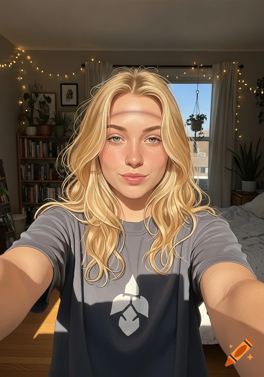 A blonde woman with blue eyes takes a selfie in a sunlit room, with ...