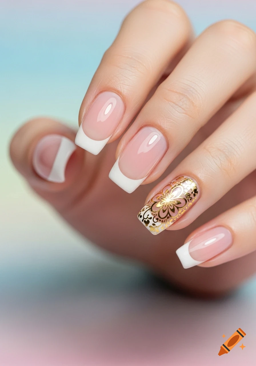 Close-up of a hand with elegant french tip nails, featuring a golden ...