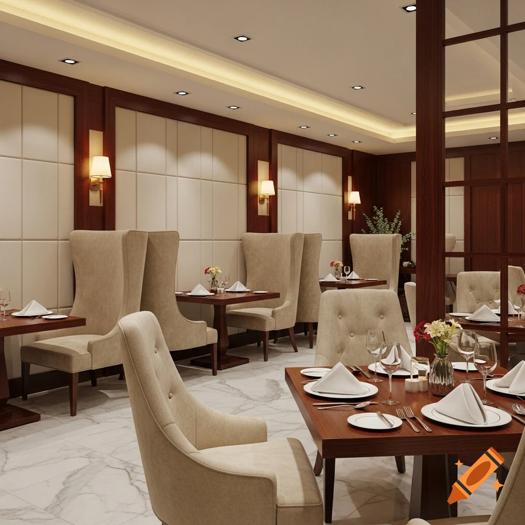 A photorealistic image of a sophisticated restaurant dining room with ...