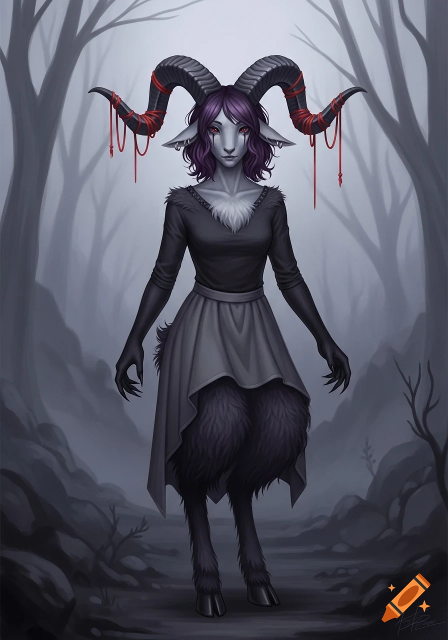 A gray-skinned goat demon with large black horns wrapped in red twine ...