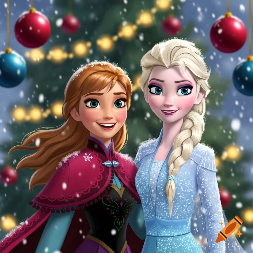 Anna and Elsa from Frozen smiling in front of a snowy Christmas tree ...