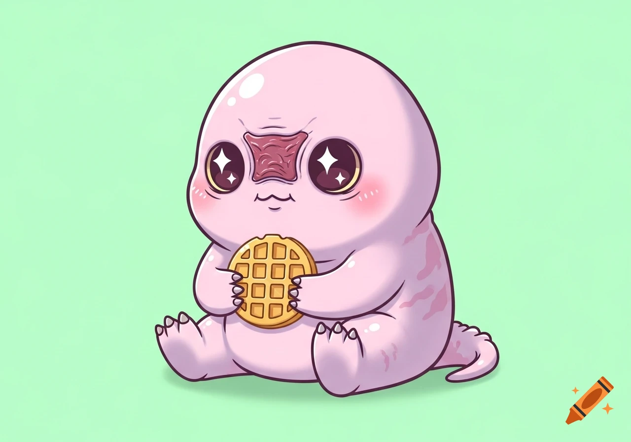 A cute, pink chibi monster with big sparkly eyes holds a waffle ...