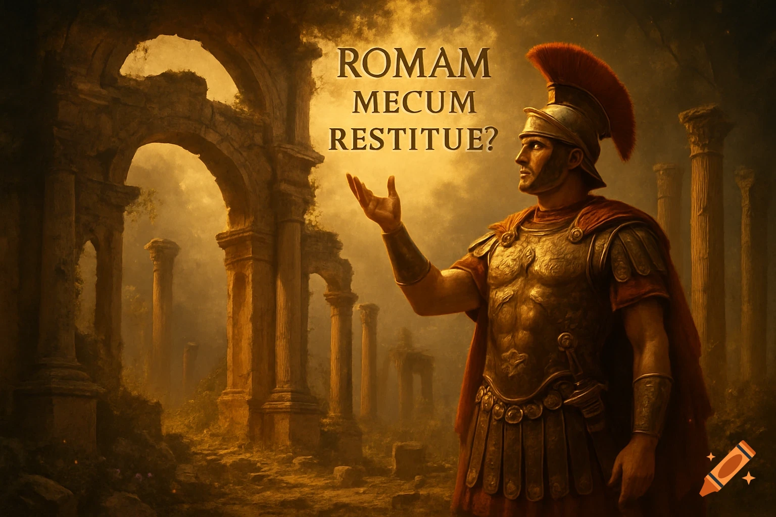 A Roman soldier in armor stands amidst ancient ruins under a golden sky ...