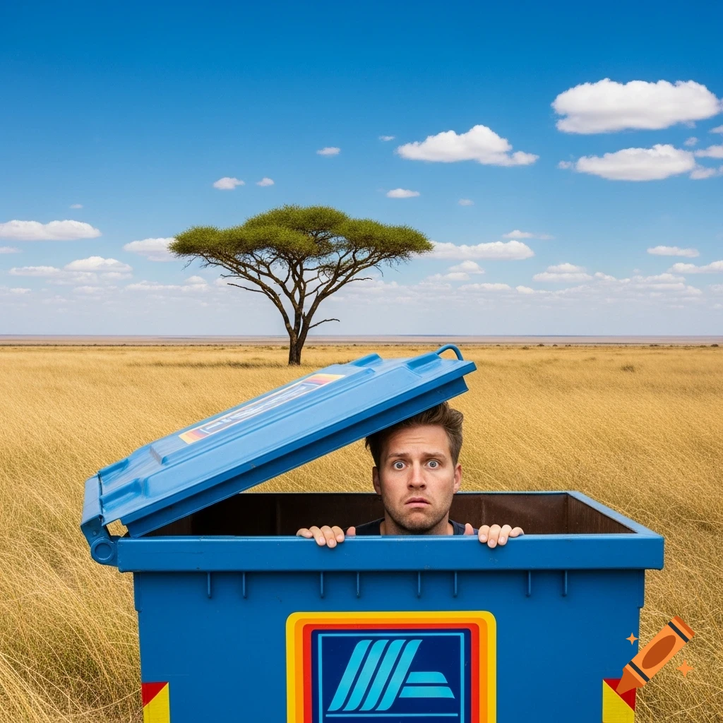 A surprised man peers out of a blue Aldi dumpster in a vast, golden ...