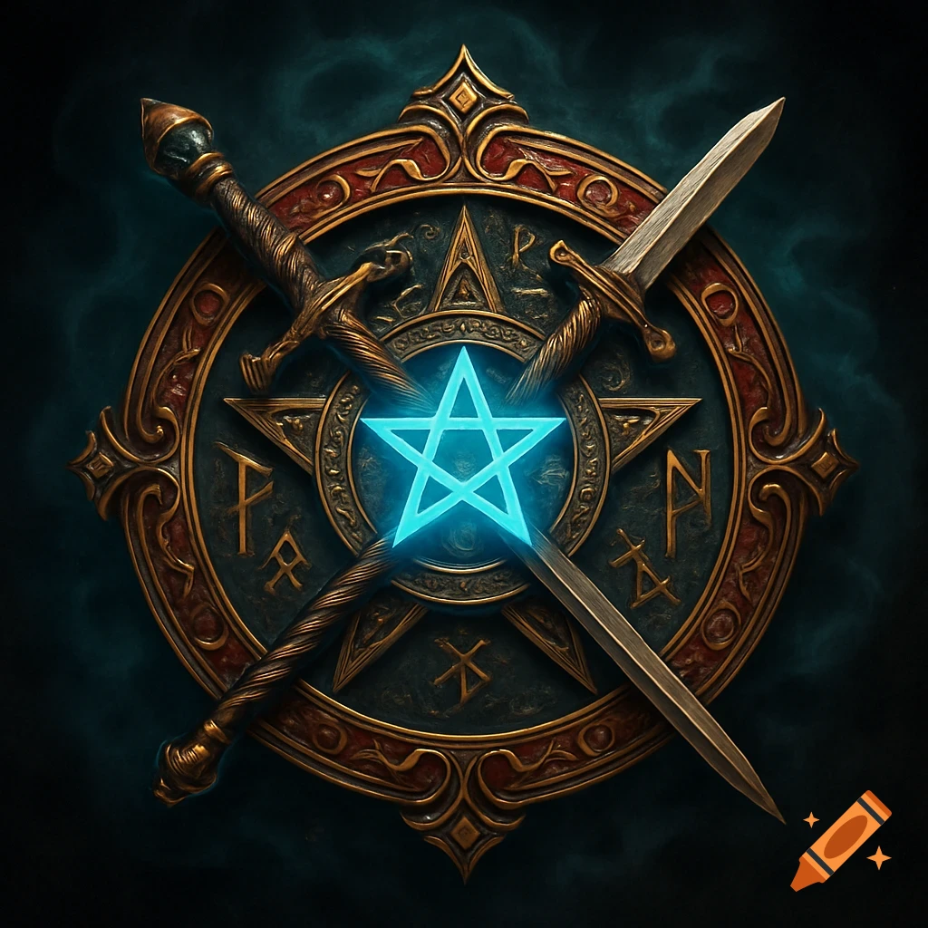 A stylized golden emblem features two crossed swords, a glowing blue ...