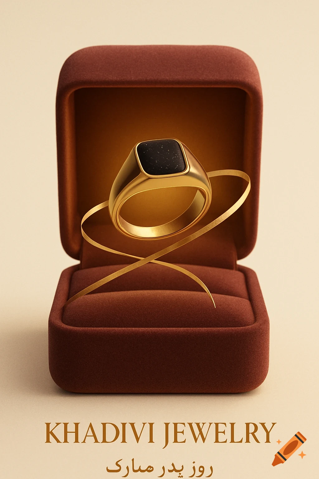 A gold signet ring with a black stone in an open brown velvet jewelry ...